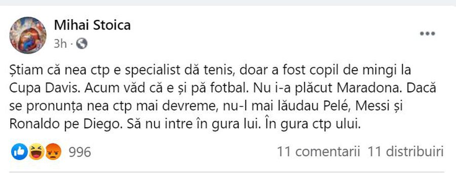 Mihai Stoica l-a ironizat pe CTP, după editorialul despre Maradona ... Mihai Stoica l-a ironizat pe CTP, după editorialul despre Maradona ...